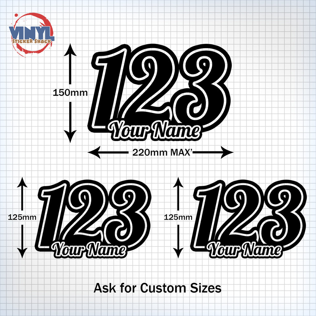 3 x Custom Race Numbers With Name - Wing Style – Vinyl Sticker Shack